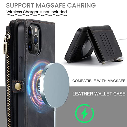 CaseMe Logo View for iPhone 13 Pro Max Magsafe Wallet Case Credit Card Holder,PU Leather Flip Lanyard Strap Wristlet Zipper Wireless Charging Women Men for iPhone 13 Pro Max Phone case(Black)