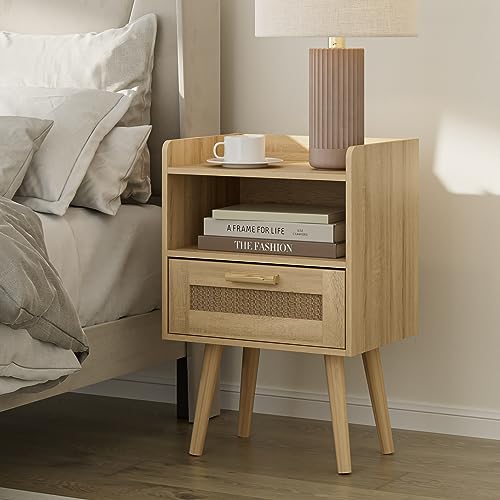 Masupu Night Stand,Bedside Table with PE Rattan Decor Drawer,End Table with Solid Wood Legs, Rattan Furniture,Side Table with Drawer Open Shelf,Rattan Nightstand for Bedroom,Living Room