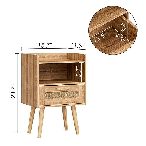 Masupu Night Stand,Bedside Table with PE Rattan Decor Drawer,End Table with Solid Wood Legs, Rattan Furniture,Side Table with Drawer Open Shelf,Rattan Nightstand for Bedroom,Living Room