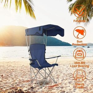 TeqHome Camping Chair with Canopy, Outdoor Folding Lounge Chair with Adjustable UPF 50+ Sun Shade & Cup Holder, Portable Camping Recliner for Camp Beach Outdoor Sports, 350LB Max Support - U.S Spot