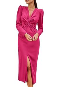 prettygarden women's fall fashion 2023 long puff sleeve maxi dresses v neck twist front formal dress with slit (rose red,medium)