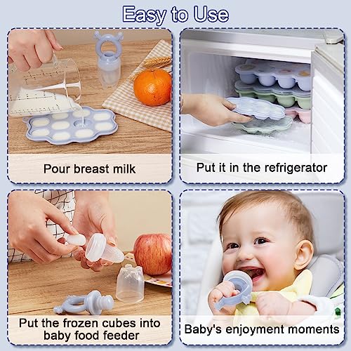 Baby Breastmilk Popsicle Molds & Baby Fruit Feeder (2 Pack), KingKam Baby Food Freezer Tray Storage Containers, Silicone Pacifier Feeder and Teether