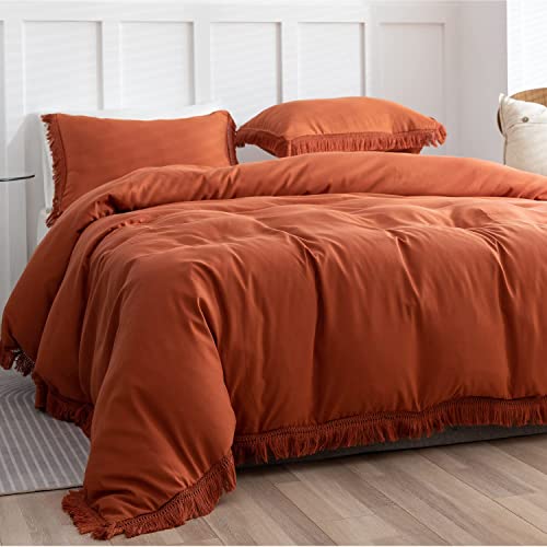 Smoofy California King Comforter Set Terracotta 3 Pcs Boho Fringe Tufted Soft Microfiber Oversized Bedding Sets, Tassel Burnt Orange Comforter Sets for All Season (1 Comforter + 2 Pillowcases)