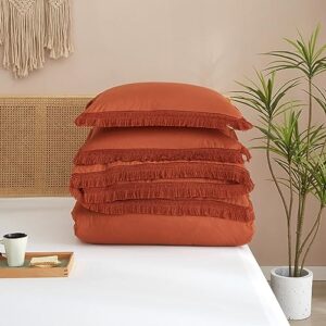 Smoofy California King Comforter Set Terracotta 3 Pcs Boho Fringe Tufted Soft Microfiber Oversized Bedding Sets, Tassel Burnt Orange Comforter Sets for All Season (1 Comforter + 2 Pillowcases)