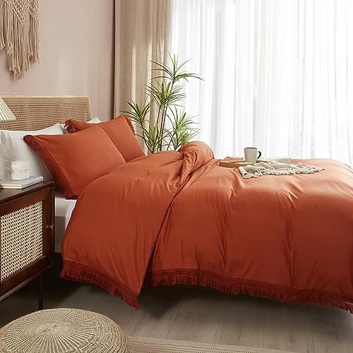 Smoofy California King Comforter Set Terracotta 3 Pcs Boho Fringe Tufted Soft Microfiber Oversized Bedding Sets, Tassel Burnt Orange Comforter Sets for All Season (1 Comforter + 2 Pillowcases)