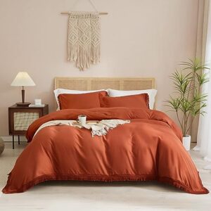 Smoofy California King Comforter Set Terracotta 3 Pcs Boho Fringe Tufted Soft Microfiber Oversized Bedding Sets, Tassel Burnt Orange Comforter Sets for All Season (1 Comforter + 2 Pillowcases)