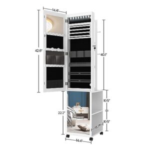 Hzuaneri 8 LEDs Jewelry Cabinet Armoire, 64.8-inch Jewelry Organizer with 1 Garment Rack, Lockable Full-length Mirror with 4 Wheels, Storage Shelves with Hooks, 5-in-1 Multifunctional, White JC17003B