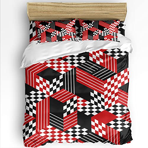 Laibao Duvet Cover Twin Size Modern Red Black Abstract Art Geometric Mid Century Soft Bedding Comforter Cover Set of 4 with 2 Pillow Cases 1 Flat Sheet Breathable Quilt Cover Sets for Boys Girls