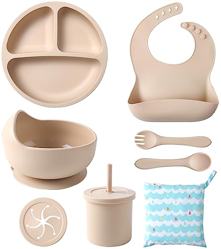 ECLIP Silicone Baby Feeding Set, 10 Pcs Baby Led Weaning Supplies with Suction Bowl Divided Plate Adjustable Bib Soft Spoon Fork Snack Cup with Lid Drinking Cup, Utensil (Beige)