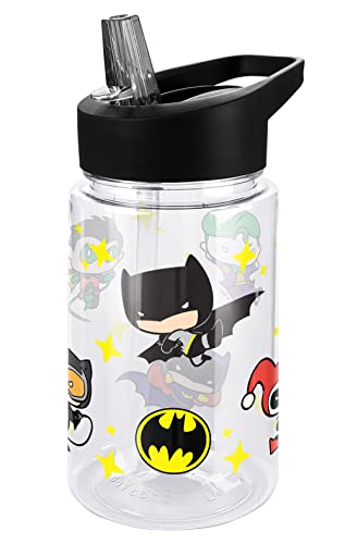 LOGOVISION Batman Kids Tritan Plastic Water Bottle with Straw Lid and Handle, Reusable Tumbler for Toddlers, Unisex for Girls and Boys, 12oz, Chibi Friends