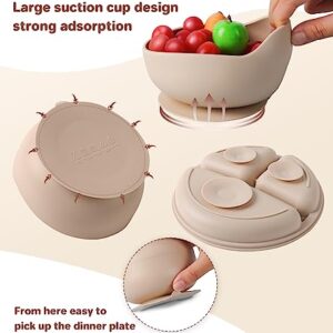 ECLIP Silicone Baby Feeding Set, 10 Pcs Baby Led Weaning Supplies with Suction Bowl Divided Plate Adjustable Bib Soft Spoon Fork Snack Cup with Lid Drinking Cup, Utensil (Beige)