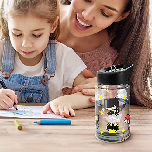 LOGOVISION Batman Kids Tritan Plastic Water Bottle with Straw Lid and Handle, Reusable Tumbler for Toddlers, Unisex for Girls and Boys, 12oz, Chibi Friends