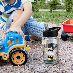 LOGOVISION Batman Kids Tritan Plastic Water Bottle with Straw Lid and Handle, Reusable Tumbler for Toddlers, Unisex for Girls and Boys, 12oz, Chibi Friends