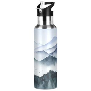 Kigai Mountain Watercolor Painting Stainless Steel Sports Water Bottle BPA-Free Vacuum Insulated Leakproof Wide Mouth Flask with Straw Lid Keeps Liquids Cold or Hot for Gym Travel Camping