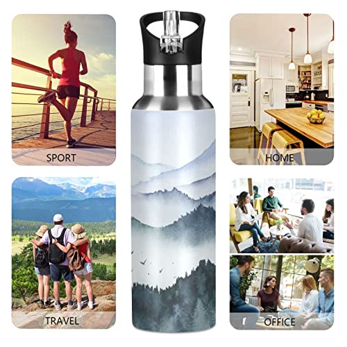 Kigai Mountain Watercolor Painting Stainless Steel Sports Water Bottle BPA-Free Vacuum Insulated Leakproof Wide Mouth Flask with Straw Lid Keeps Liquids Cold or Hot for Gym Travel Camping