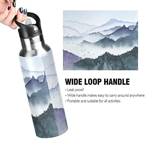 Kigai Mountain Watercolor Painting Stainless Steel Sports Water Bottle BPA-Free Vacuum Insulated Leakproof Wide Mouth Flask with Straw Lid Keeps Liquids Cold or Hot for Gym Travel Camping