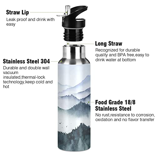 Kigai Mountain Watercolor Painting Stainless Steel Sports Water Bottle BPA-Free Vacuum Insulated Leakproof Wide Mouth Flask with Straw Lid Keeps Liquids Cold or Hot for Gym Travel Camping