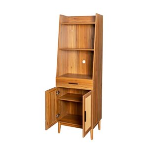 Rattan Door Bookshelf Display Case with Drawer Walnut Finish Open Shelves Narrow Wooden Bookcase Rustic Natural Wicker Decor Storage Cabinet for Living Room Home Office,67.72”W x 26.77” D x5.51”H