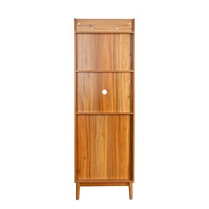 Rattan Door Bookshelf Display Case with Drawer Walnut Finish Open Shelves Narrow Wooden Bookcase Rustic Natural Wicker Decor Storage Cabinet for Living Room Home Office,67.72”W x 26.77” D x5.51”H