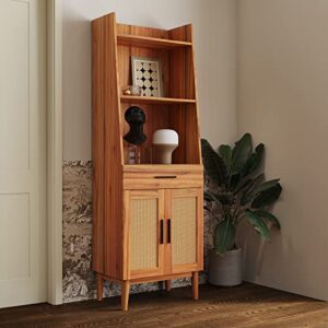 Rattan Door Bookshelf Display Case with Drawer Walnut Finish Open Shelves Narrow Wooden Bookcase Rustic Natural Wicker Decor Storage Cabinet for Living Room Home Office,67.72”W x 26.77” D x5.51”H