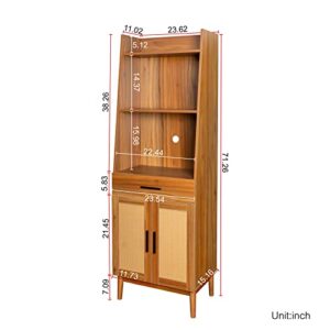 Rattan Door Bookshelf Display Case with Drawer Walnut Finish Open Shelves Narrow Wooden Bookcase Rustic Natural Wicker Decor Storage Cabinet for Living Room Home Office,67.72”W x 26.77” D x5.51”H