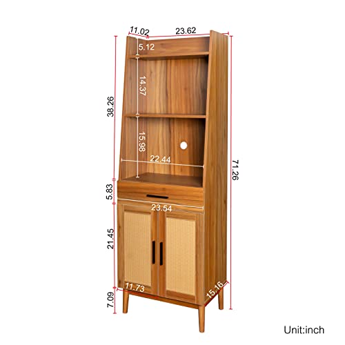 Rattan Door Bookshelf Display Case with Drawer Walnut Finish Open Shelves Narrow Wooden Bookcase Rustic Natural Wicker Decor Storage Cabinet for Living Room Home Office,67.72”W x 26.77” D x5.51”H