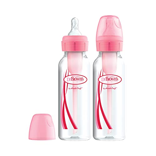 Dr. Brown's Natural Flow Anti-Colic Options+ Narrow Baby Bottles, 8oz/250mL, with Level 1 Slow Flow Nipples, 2-Pack, Pink, 0m+