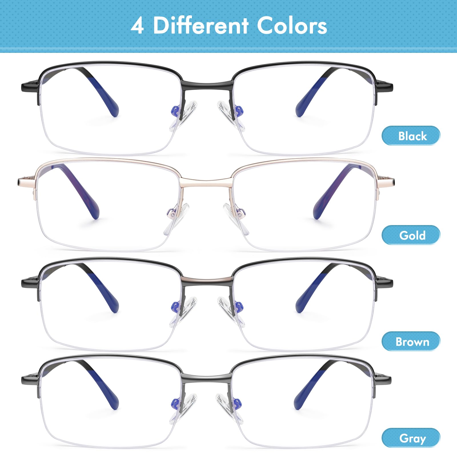 FelixAim 4 Pack Blue Light Blocking Reading Glasses for Men 3.0 Half Rim Metal Readers with Spring Hinge Computer Eyeglasses