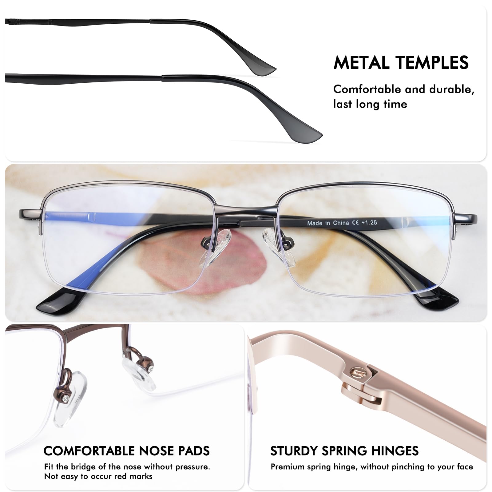 FelixAim 4 Pack Blue Light Blocking Reading Glasses for Men 3.0 Half Rim Metal Readers with Spring Hinge Computer Eyeglasses