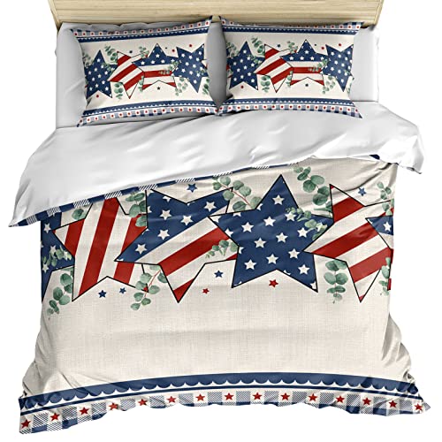 Lsrtoss 4th of July Queen Duvet Cover Set for All Season, Independence Day Eucalyptus Leaves Blue Red Star Microfiber 3 Piece Bedding Set with 2 Pillowcases & 1 Quilt Cover, 90" W x 92" L, Queen Size