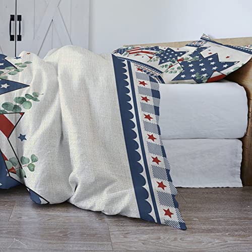 Lsrtoss 4th of July Queen Duvet Cover Set for All Season, Independence Day Eucalyptus Leaves Blue Red Star Microfiber 3 Piece Bedding Set with 2 Pillowcases & 1 Quilt Cover, 90" W x 92" L, Queen Size