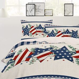 Lsrtoss 4th of July Queen Duvet Cover Set for All Season, Independence Day Eucalyptus Leaves Blue Red Star Microfiber 3 Piece Bedding Set with 2 Pillowcases & 1 Quilt Cover, 90" W x 92" L, Queen Size