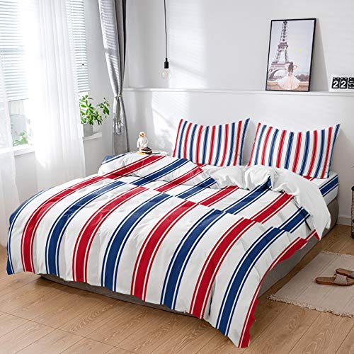 Independence Day California King Duvet Cover Set 4 Pieces Modern Geometric Striped Print Bedding Sets, Soft Quilt Covers with Zipper Closure and 1 Bed Sheets 2 Pillow Shams Colorful Blue Red White