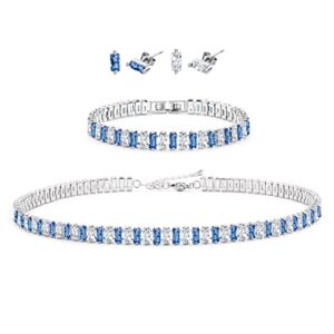 porimee silver tennis necklace bracelet earrings sets pack of 4, blue cubic zirconia tennis jewelry set for women trendy fashion jewelry gift for girls