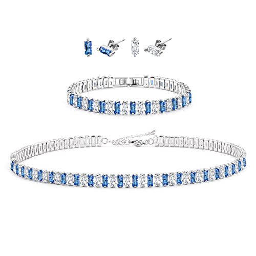 PORIMEE Silver Tennis Necklace Bracelet Earrings Sets Pack of 4, Blue Cubic Zirconia Tennis Jewelry Set for Women Trendy Fashion Jewelry Gift for Girls