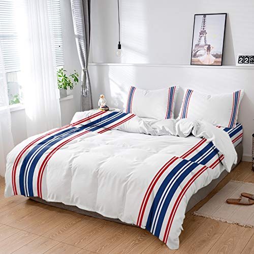 Chaven Home Independence Day 4 Piece Twin Bedding Set, Duvet Covers Sets Blue Red Striped Comforter Cover, Bed Sheet and 2 Pillowcase for Woman/Man/Teen/Kid Bedroom Decor Minimalist Lines White