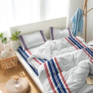 Chaven Home Independence Day 4 Piece Twin Bedding Set, Duvet Covers Sets Blue Red Striped Comforter Cover, Bed Sheet and 2 Pillowcase for Woman/Man/Teen/Kid Bedroom Decor Minimalist Lines White