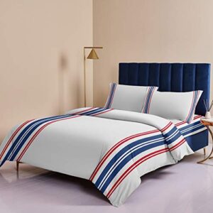 Chaven Home Independence Day 4 Piece Twin Bedding Set, Duvet Covers Sets Blue Red Striped Comforter Cover, Bed Sheet and 2 Pillowcase for Woman/Man/Teen/Kid Bedroom Decor Minimalist Lines White