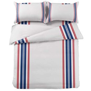 Chaven Home Independence Day 4 Piece Twin Bedding Set, Duvet Covers Sets Blue Red Striped Comforter Cover, Bed Sheet and 2 Pillowcase for Woman/Man/Teen/Kid Bedroom Decor Minimalist Lines White