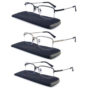 feivsn progressive multifocus reading glasses blue light blocking, multifocal readers for men women trifocal lightweight eyewear half metal frame titanium alloy (3 pack: black+gun+silver, 2.00)