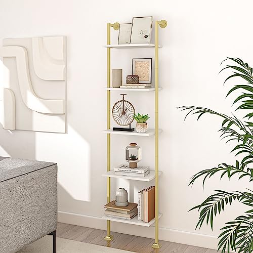 Axeman 5-Tier Ladder Bookcase, Tall Narrow Bookshelf for Small Spaces, Modern Book Storage Organizer Case Open Shelves for Bedroom, Living Room, Office, Library, Gold Metal Frame and White Shelf