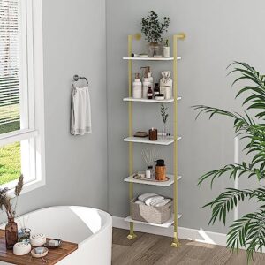 Axeman 5-Tier Ladder Bookcase, Tall Narrow Bookshelf for Small Spaces, Modern Book Storage Organizer Case Open Shelves for Bedroom, Living Room, Office, Library, Gold Metal Frame and White Shelf