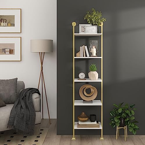 Axeman 5-Tier Ladder Bookcase, Tall Narrow Bookshelf for Small Spaces, Modern Book Storage Organizer Case Open Shelves for Bedroom, Living Room, Office, Library, Gold Metal Frame and White Shelf