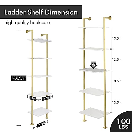 Axeman 5-Tier Ladder Bookcase, Tall Narrow Bookshelf for Small Spaces, Modern Book Storage Organizer Case Open Shelves for Bedroom, Living Room, Office, Library, Gold Metal Frame and White Shelf