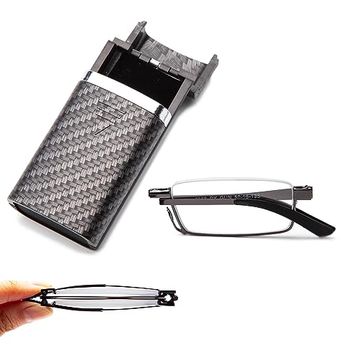 Amorays Folding Reading Glasses for Men Women, Blue Light Blocking Foldable Portable Compact Readers, Hard Cases Pocket,Dark Gun,+1.5