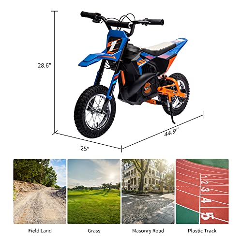 24V Electric Off-Road Motorcycle,250W Motor 13.6MPH Fast Speed Motocross,Leather Seat Dirt Bike,Twist Grip Throttle,Metal Suspension,Air-Filled Tires,for Kids Teens Age 13+ (Blue)