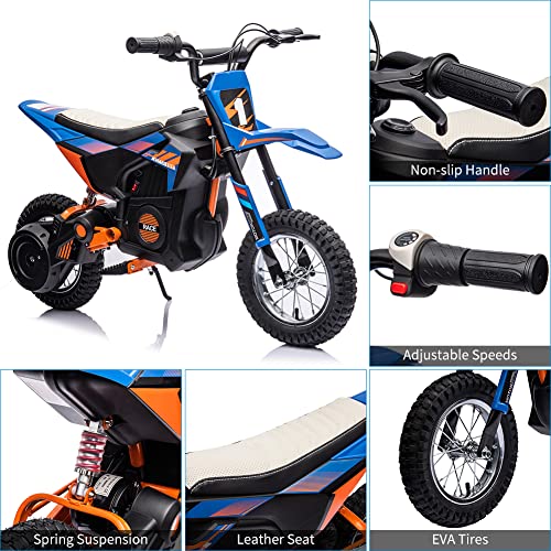 24V Electric Off-Road Motorcycle,250W Motor 13.6MPH Fast Speed Motocross,Leather Seat Dirt Bike,Twist Grip Throttle,Metal Suspension,Air-Filled Tires,for Kids Teens Age 13+ (Blue)