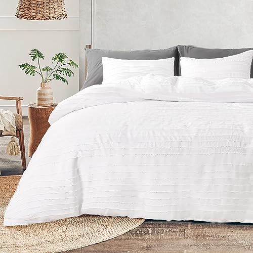 NEXHOME PRO Duvet Cover Queen Size, White 3 Pieces Boho Tufted Duvet Cover Set, Soft and Lightweight Microfiber Comforter Cover Set for All Season (White Queen, 90 x 90)-No Comforter