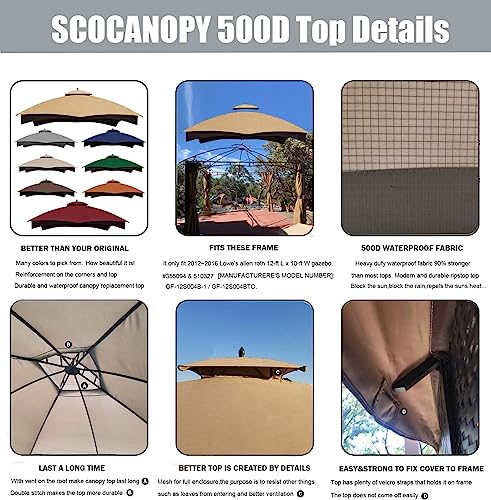 SCOCANOPY Beige Ripstop Replacement Top for Lowe's Allen Roth 10X12 Gazebo Model #GF-12S004B-1