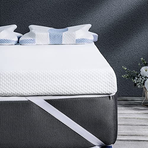 CHxxy 3 Inch Memory Foam Mattress Topper Queen, Gel-Infused Bed Topper for Back Pain Pressure Relief, Soft and Firm Dual Layer Design with Removable Washable Cover & Adjustable Straps…